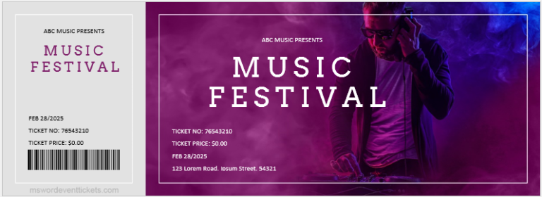 Music Festival Event Ticket Templates for Word | Download