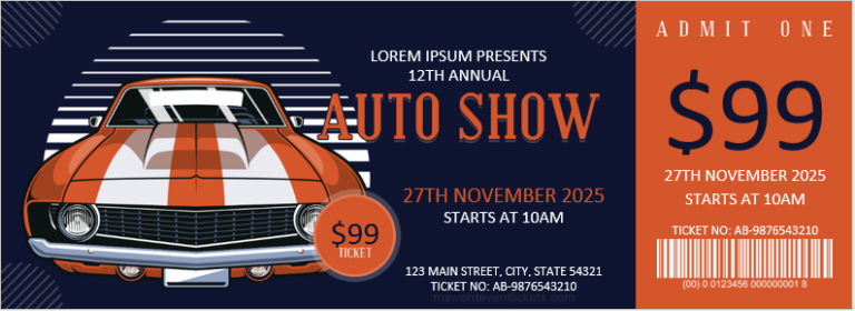 Auto Show Ticket Templates | MS Word Event Ticket Templates