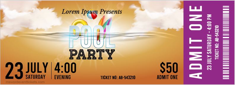 Pool Party Ticket Template MS Word Event Ticket Templates